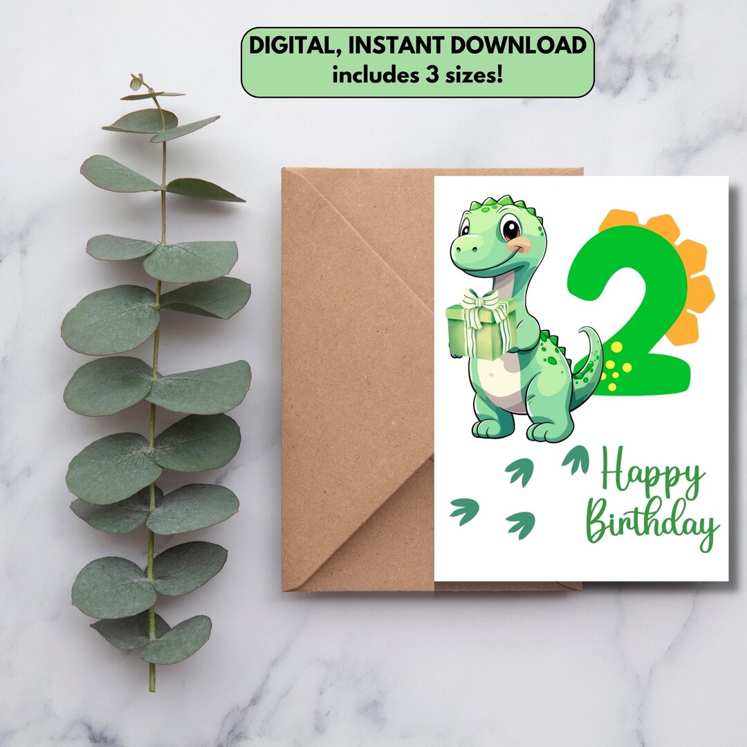 Printable 2nd Birthday Card | Dinosaur Birthday Card | Boy 2nd Birthday ...
