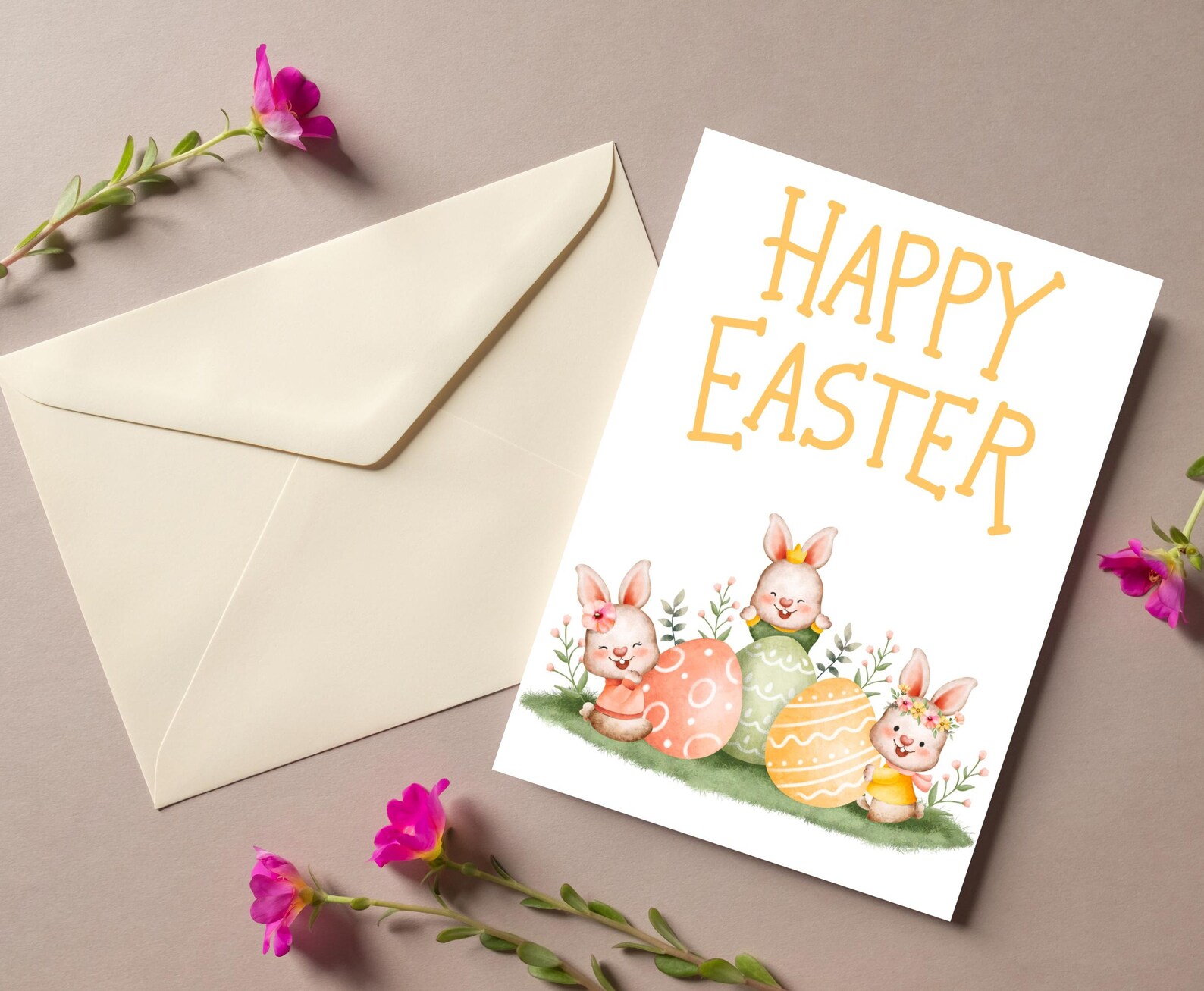 Printable Easter Card With Easter Bunnies and Easter Eggs | Happy ...