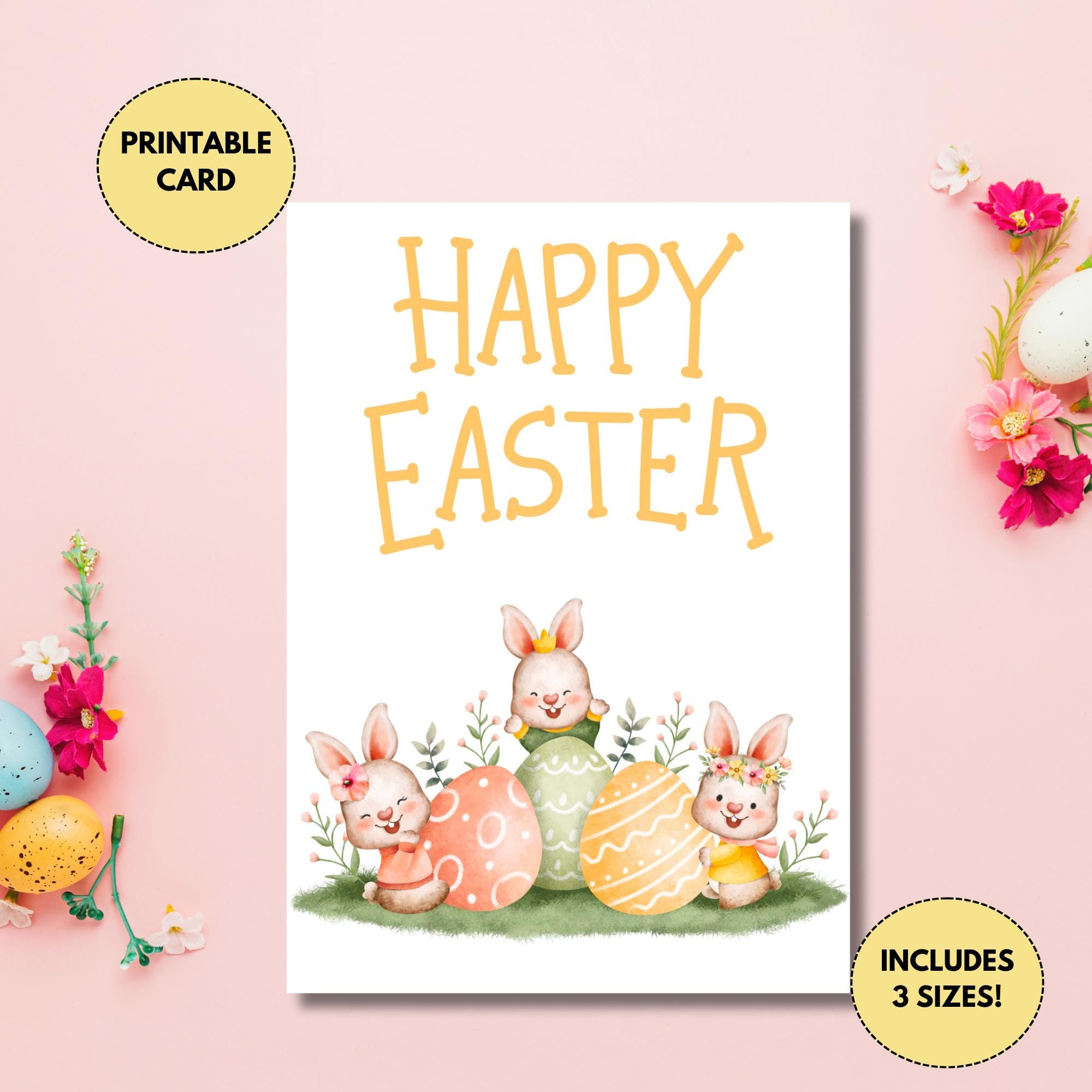 Printable Easter Card With Easter Bunnies and Easter Eggs | Happy ...