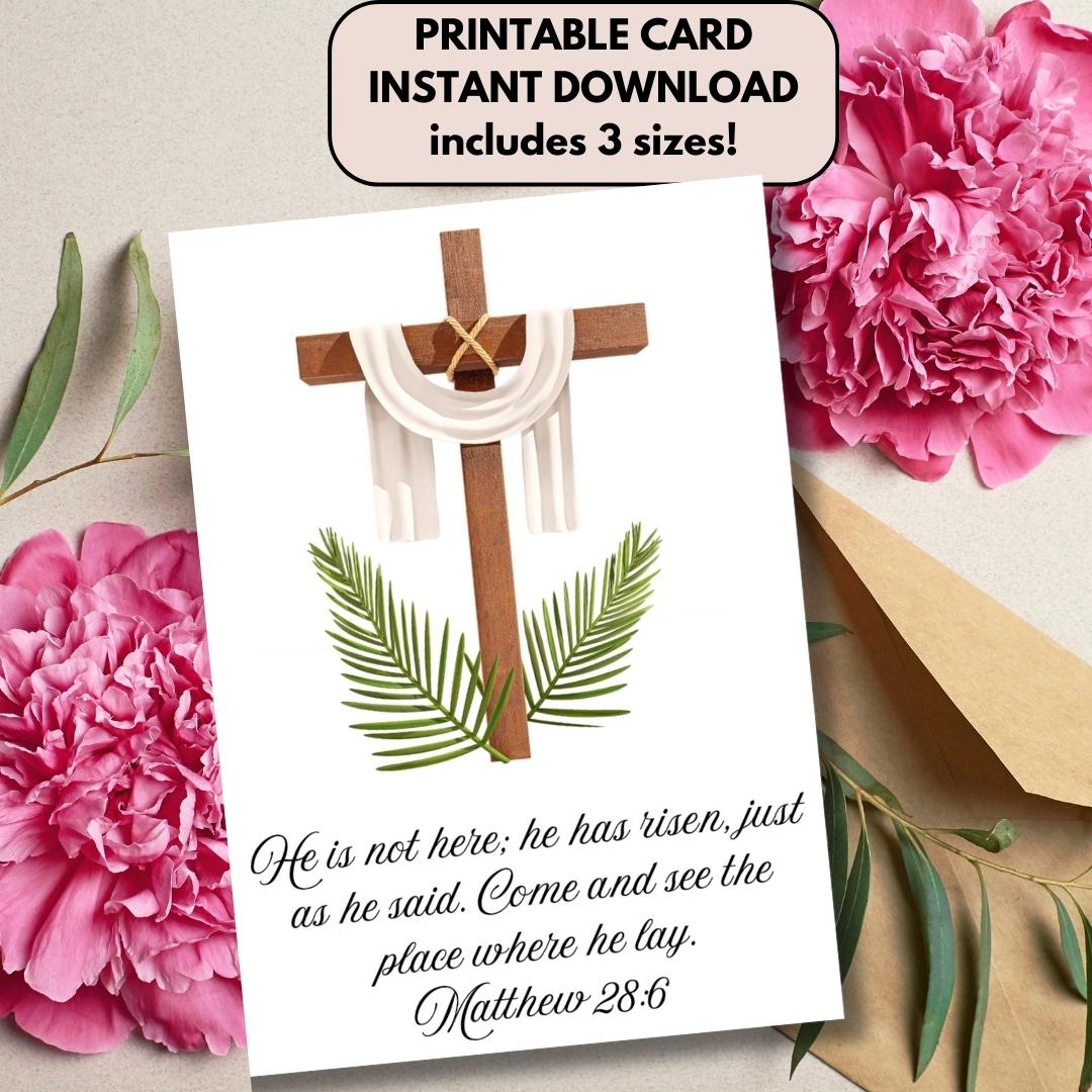 Printable Religious Easter Card | Cross With Scripture, Bible Verse | Matthew 28:6 | Christian ...