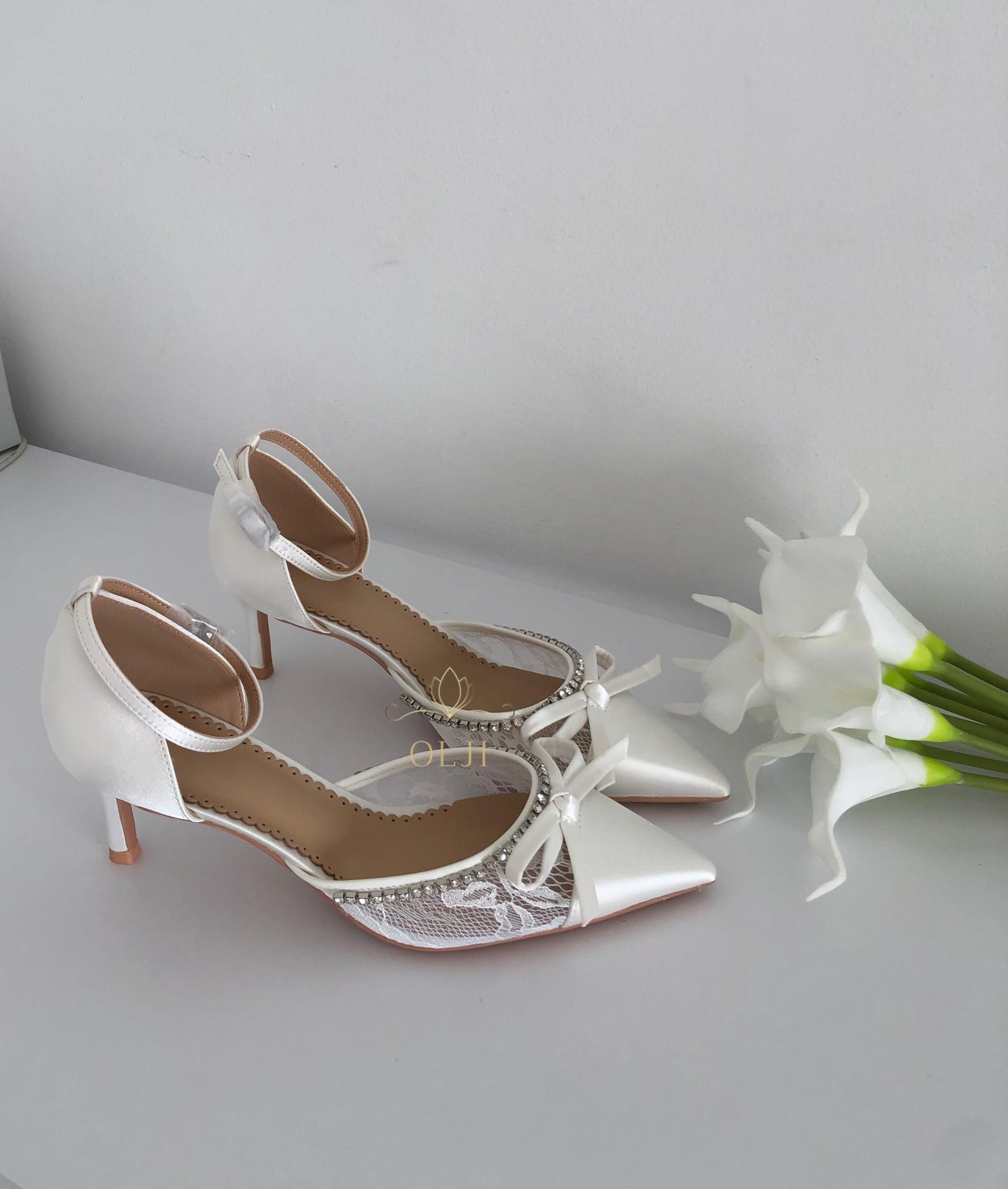 Wedding Satin Lace Shoes With Bow for Bride, Wedding Heels, Wedding ...