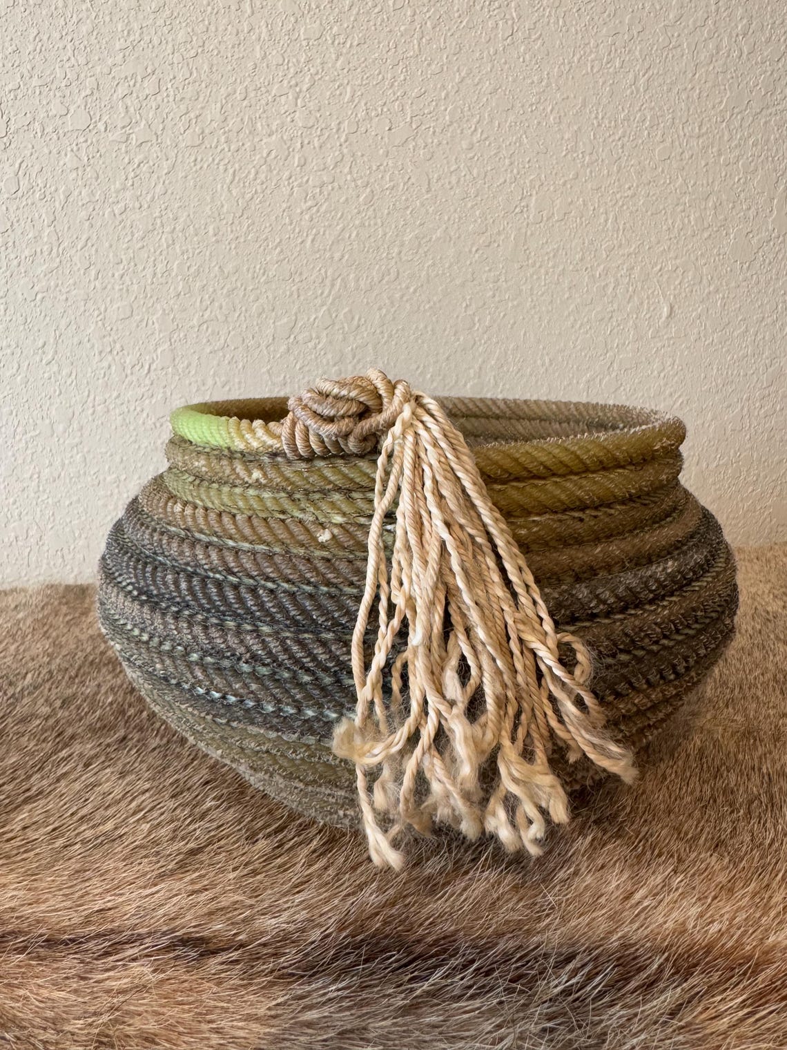 Rustic Green Lariat Rope Basket/bowel - Etsy