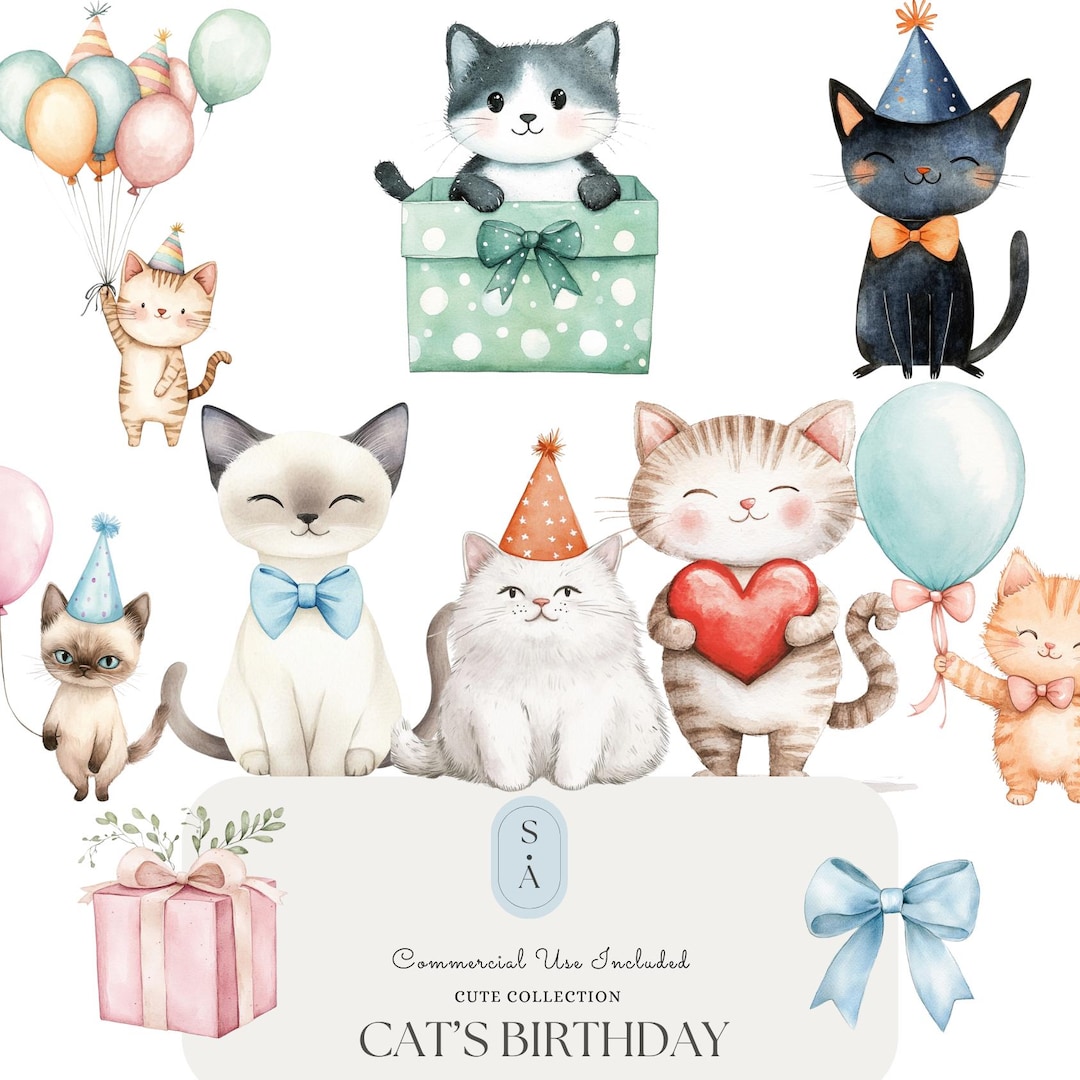 Cats Birthday Watercolor Clipart - Cute Kitten Party Decor, Cat Lover ...