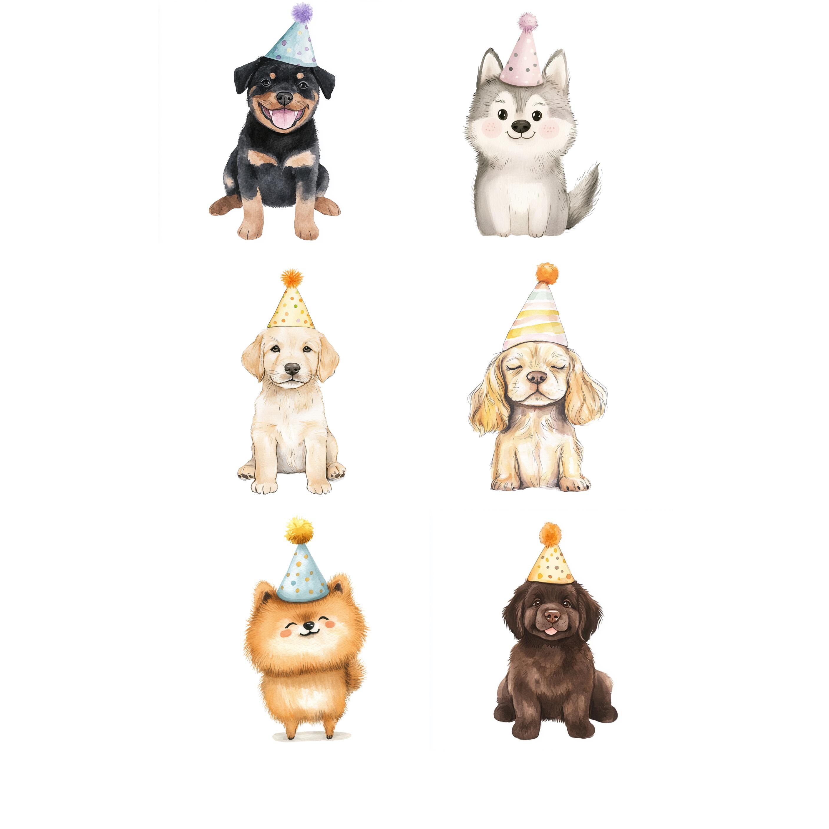 Watercolor Dog Birthday Clipart Bundle, Cute Puppy Party Illustrations ...