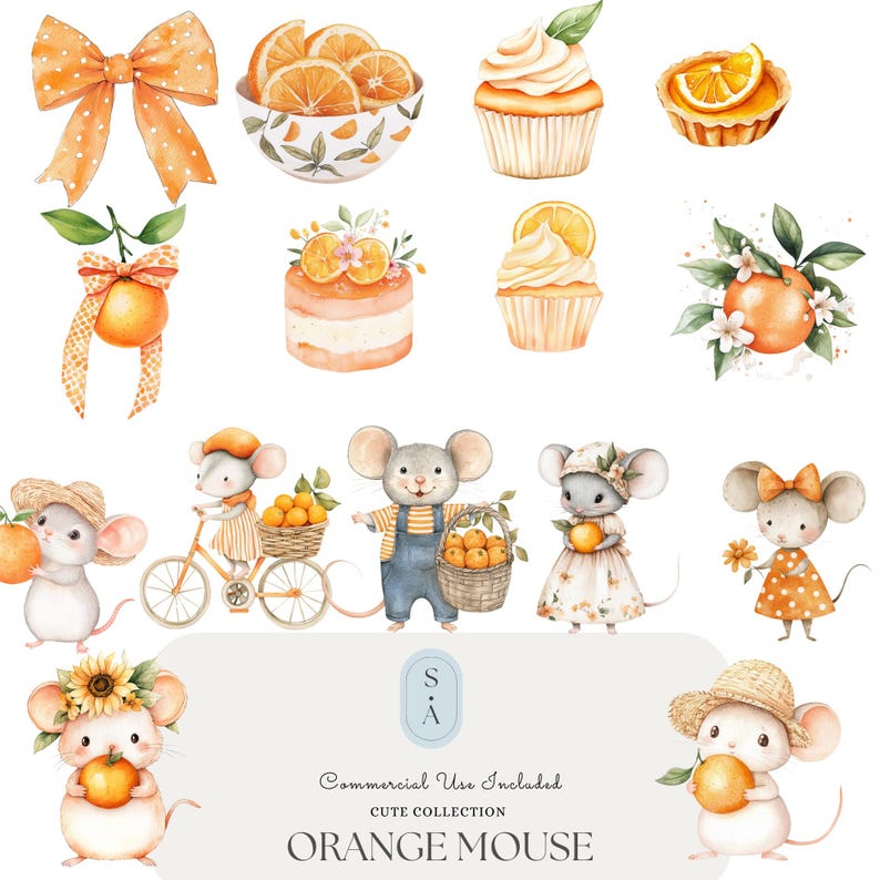 Orange Mouse Watercolor Clipart Bundle | Cute Citrus Mouse PNG Set With ...