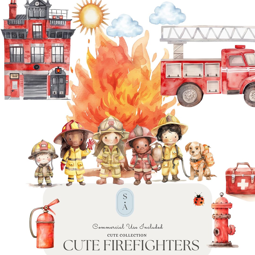 Cute Firefighters Watercolor Clipart Bundle | Adorable Fire Truck ...