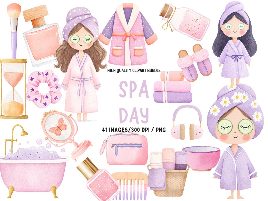 Spa Day Clipart Bundle PNG | Pastel Girls Skincare Bath Relaxation ...