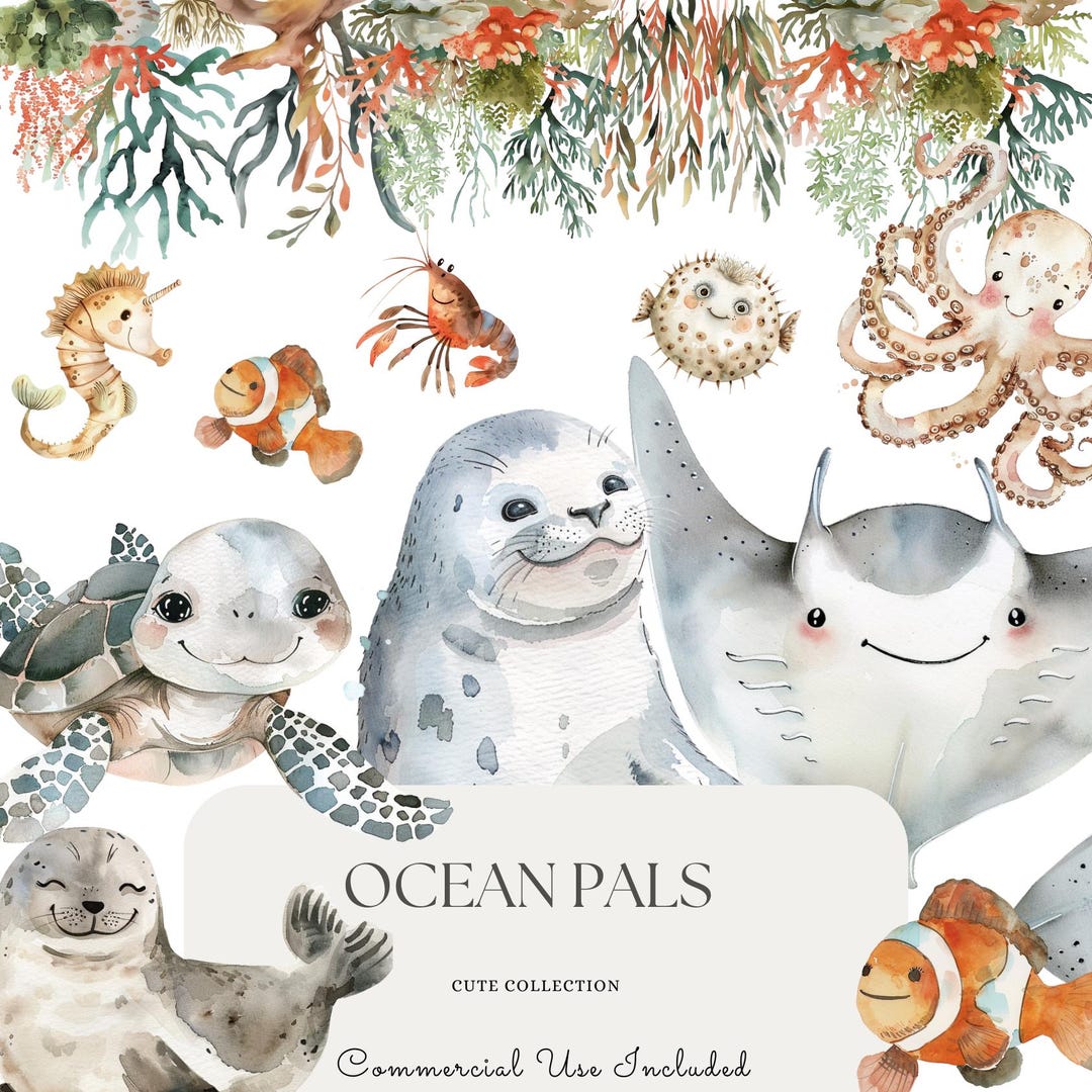 Ocean Animal Clipart Bundle | Cute Watercolor Sea Creatures ...