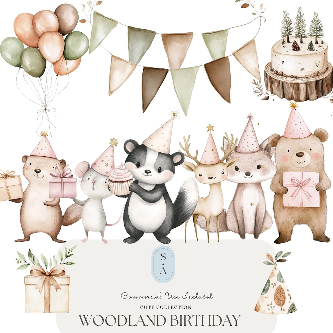 Woodland Party Watercolor Clipart - Forest Animal Birthday Decor, Baby ...