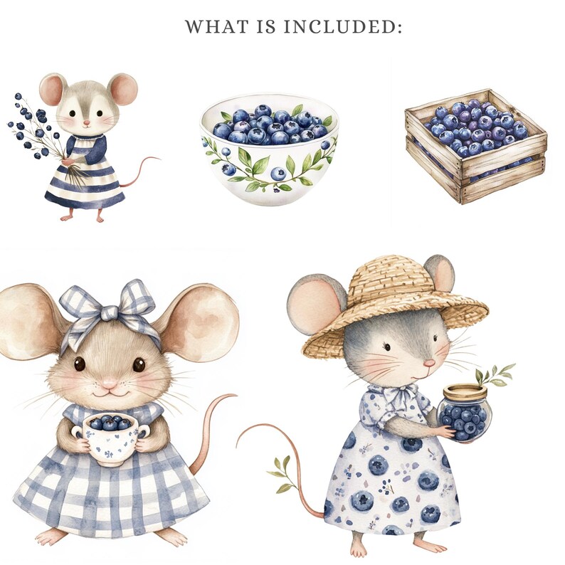 Blueberries Mouse Watercolor Clipart Set | Cute Mouse PNG Bundle With ...