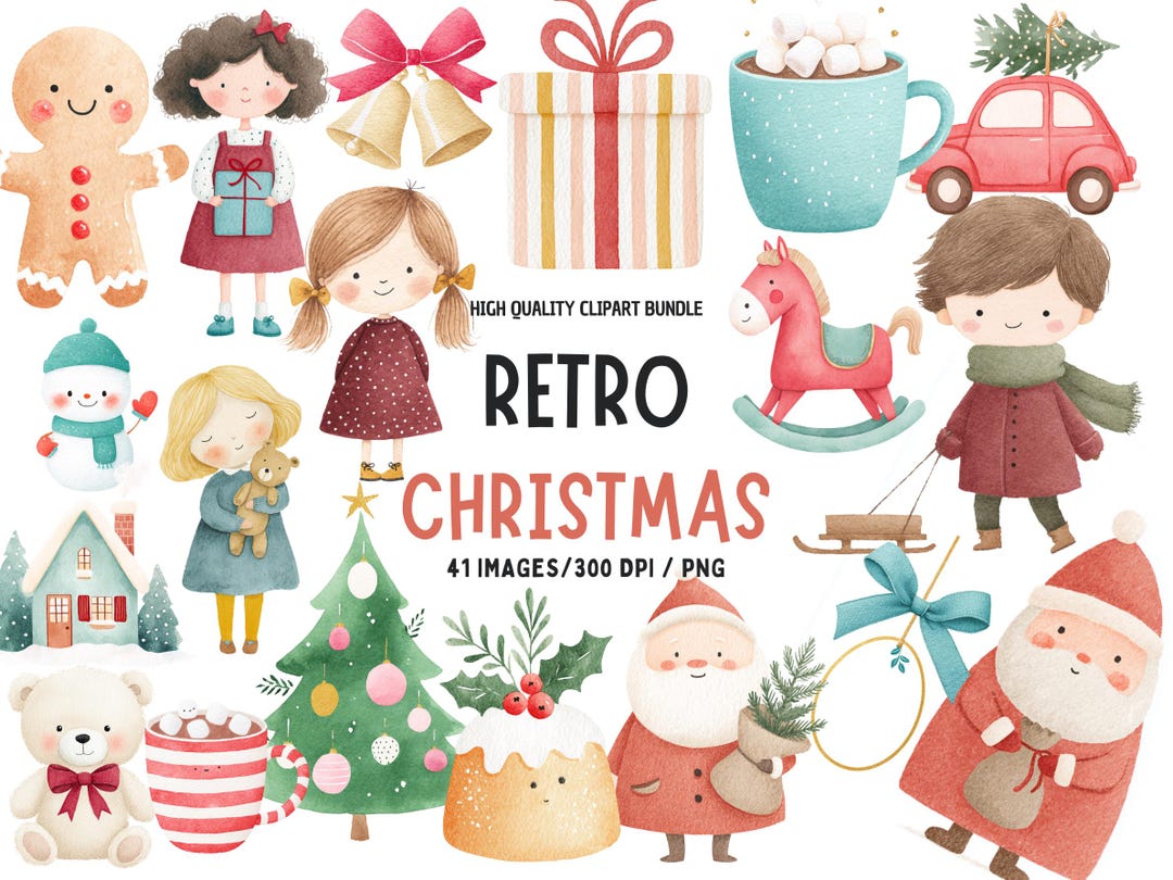 Retro Christmas Clipart Bundle PNG | Vintage Holiday Kids Santa Toys ...