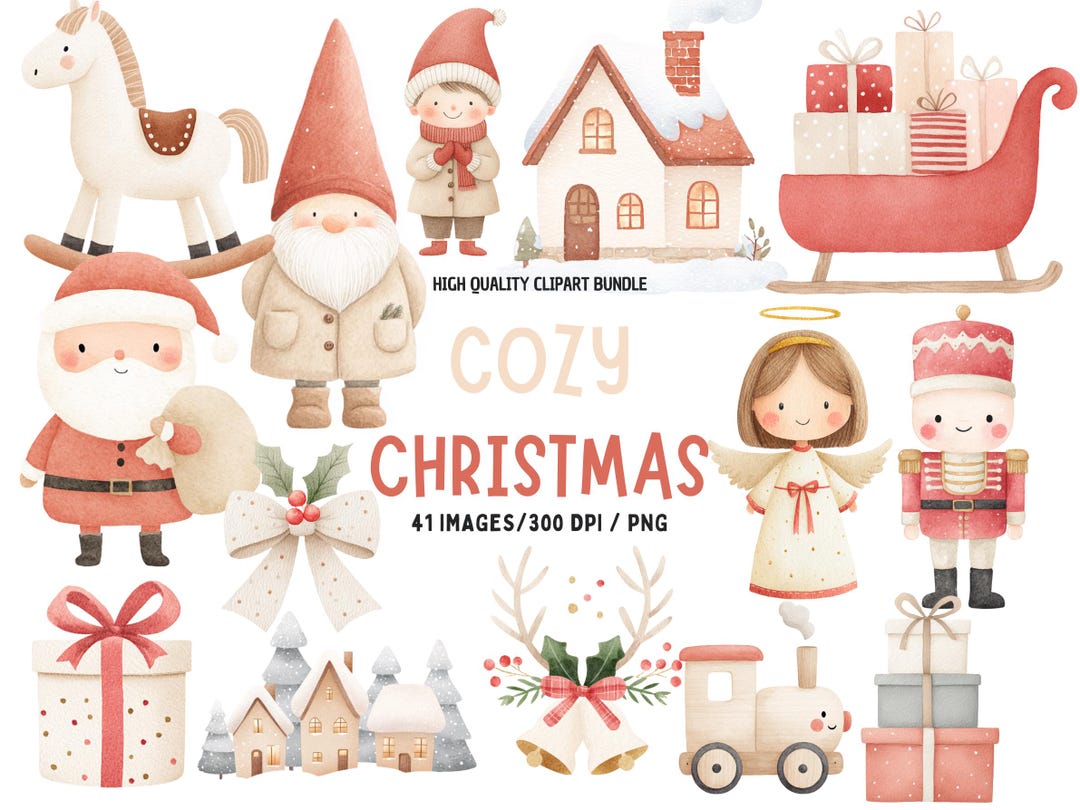 Cozy Christmas Clipart Bundle PNG | Scandinavian Holiday Santa Sleigh ...