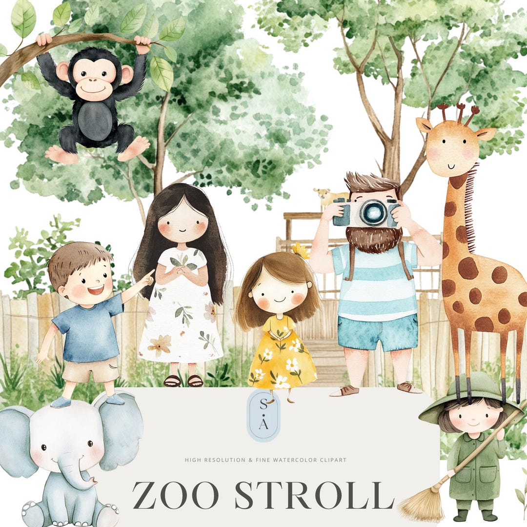 Zoo Stroll Clipart, Watercolor Zoo Animals & Kids Bundle, Safari ...