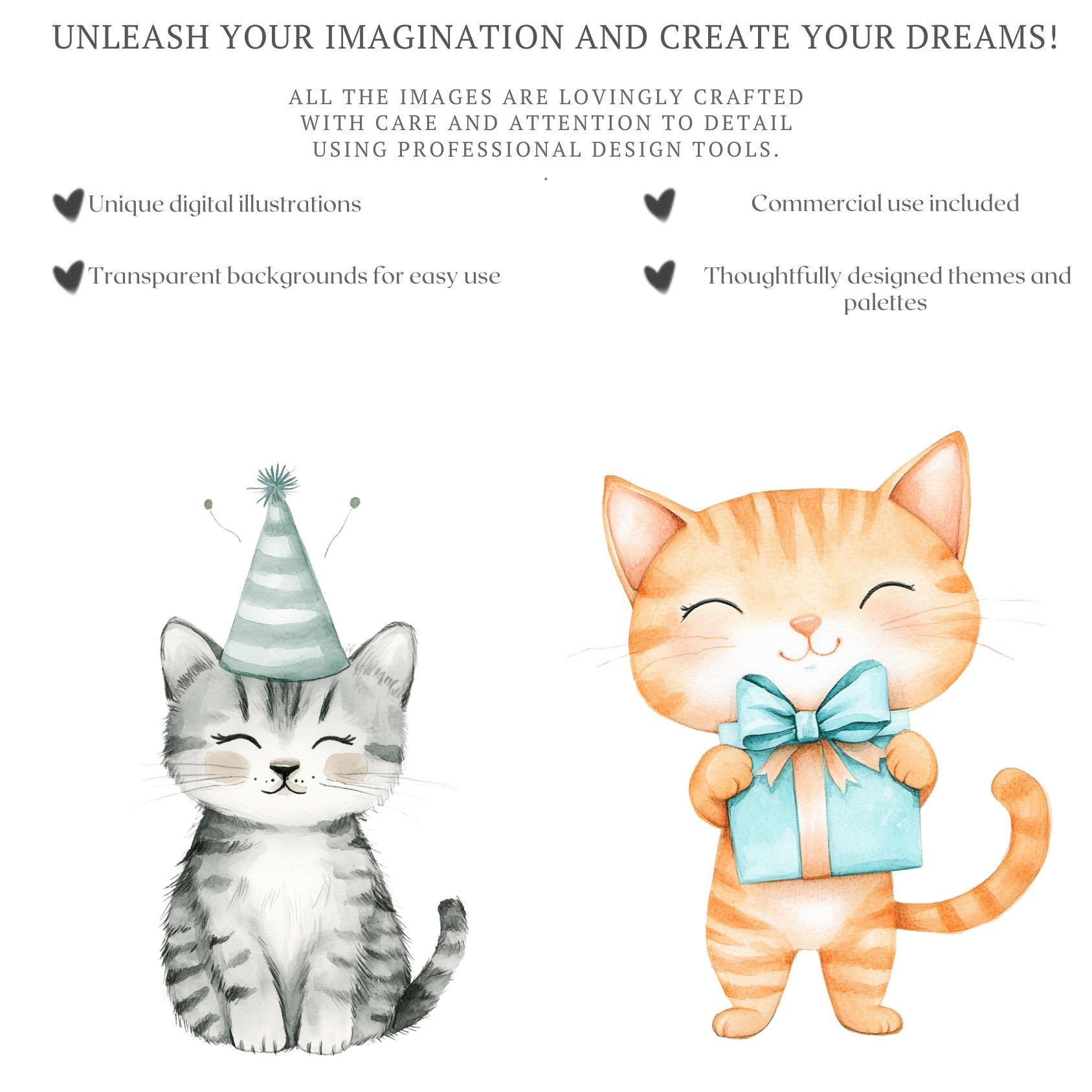 Cats Birthday Watercolor Clipart - Cute Kitten Party Decor, Cat Lover ...