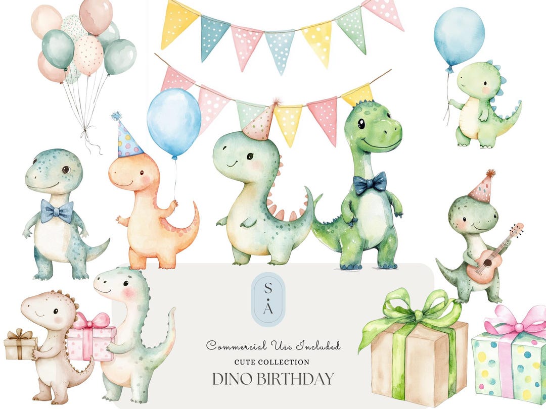 Dino Birthday Watercolor Clipart Set | Cute Party Dinosaurs With ...