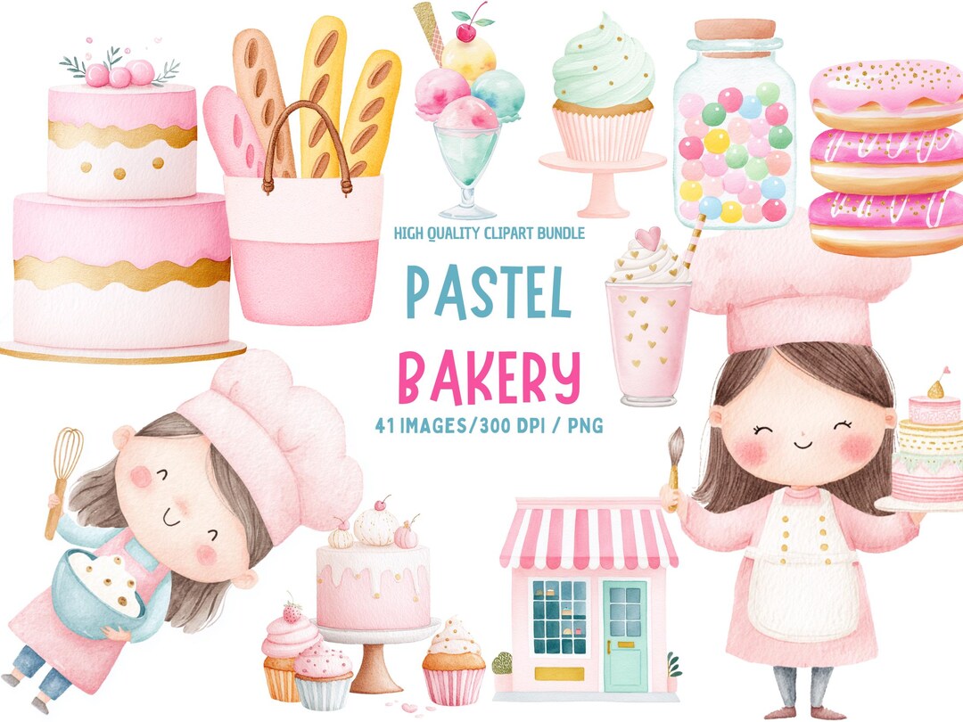 Pastel Bakery Clipart PNG Bundle | Watercolor Baking and Dessert ...