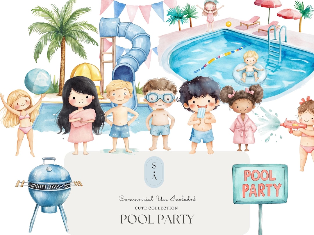 Pool Party Watercolor Clip Art Collection – Kids, Pool, Slide, Grill ...