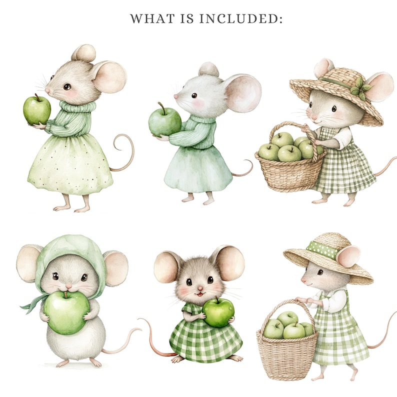 Apple Mouse Watercolor Clipart Set Cute Green Mouse PNG Bundle With ...
