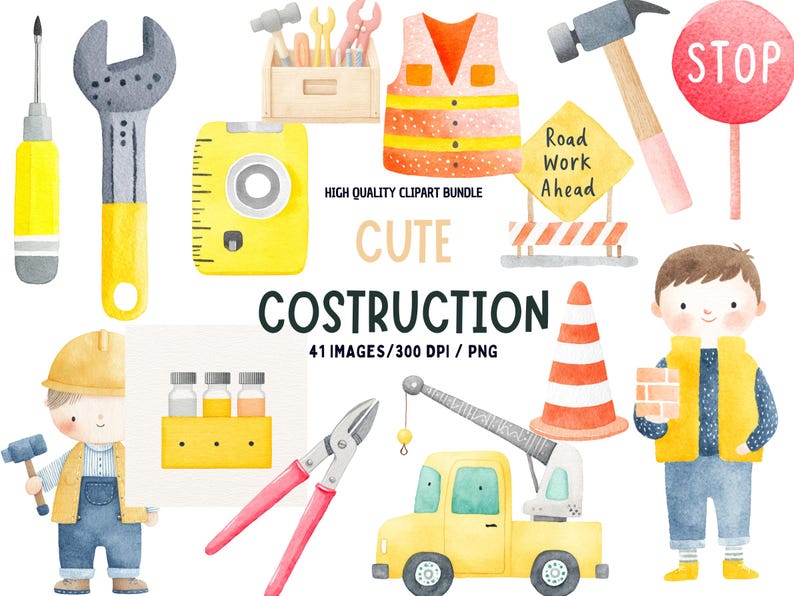 Cute Construction Clipart PNG Bundle | Watercolor Builder Tools Truck ...