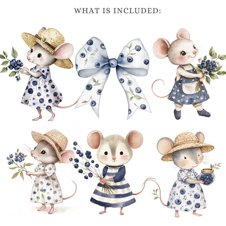 Blueberries Mouse Watercolor Clipart Set | Cute Mouse PNG Bundle With ...