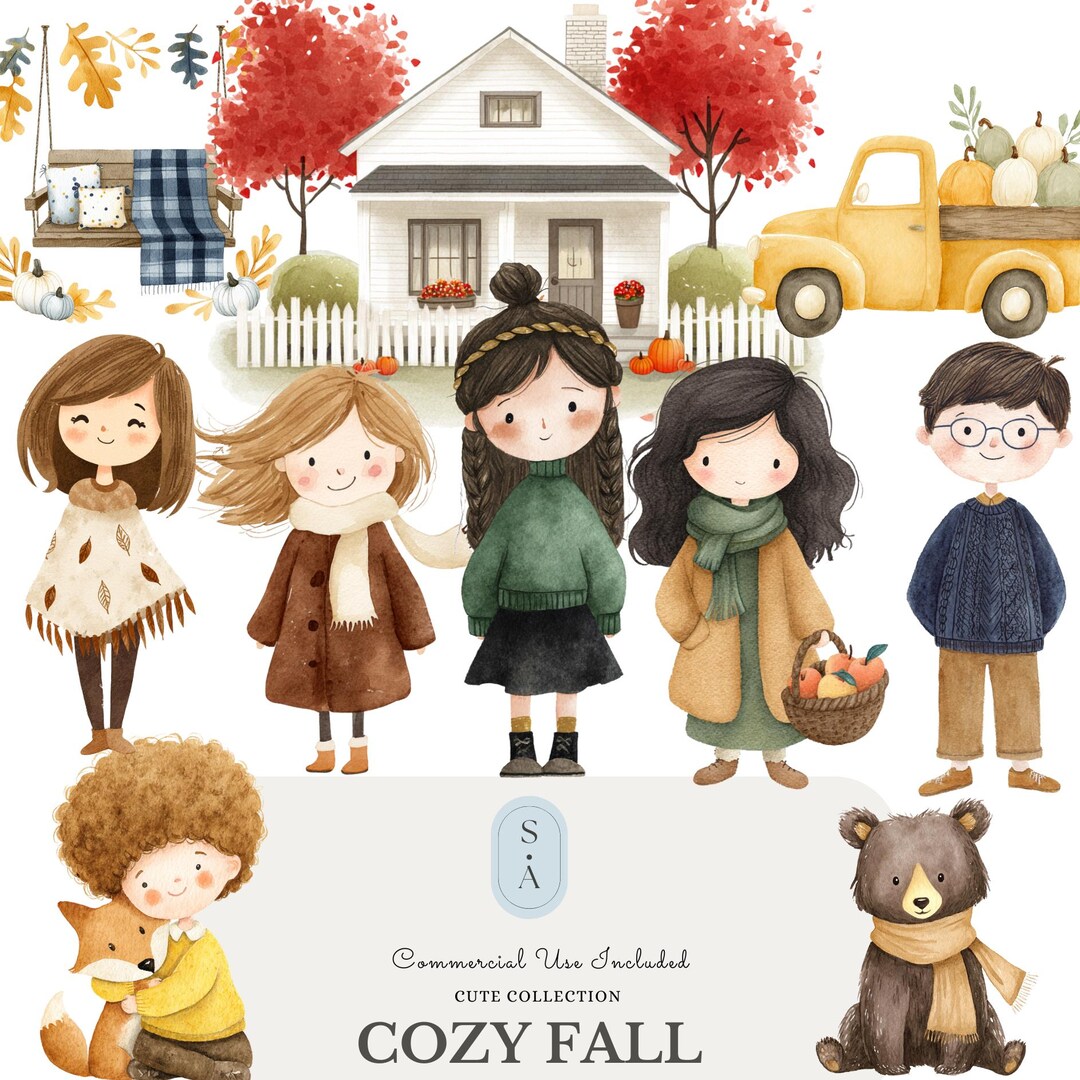 Autumn Kids Clipart Bundle With Cozy Fall Outfits, Pumpkin Harvest ...