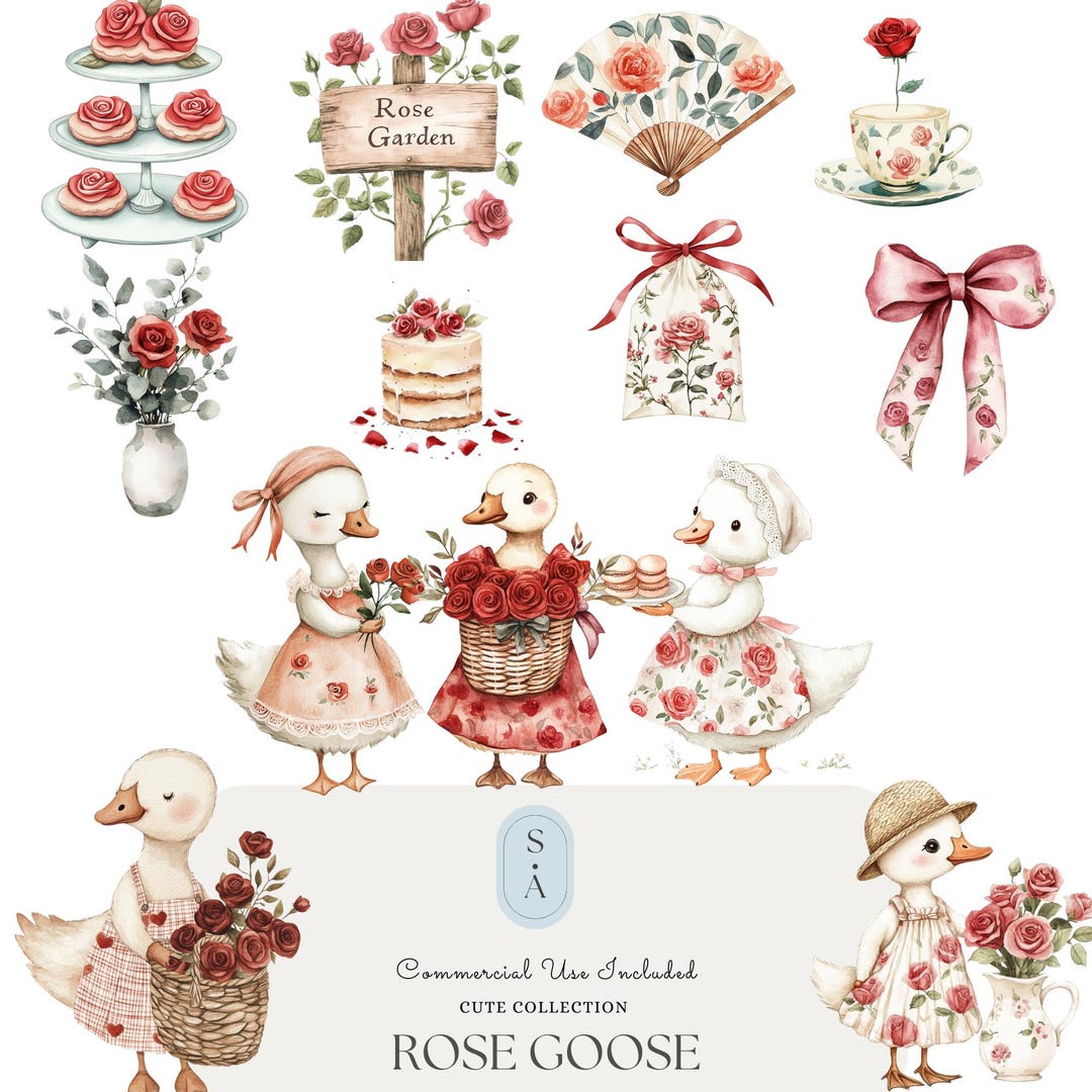 Rose Goose Watercolor Clipart Bundle | Cute Goose PNG Set With Roses ...