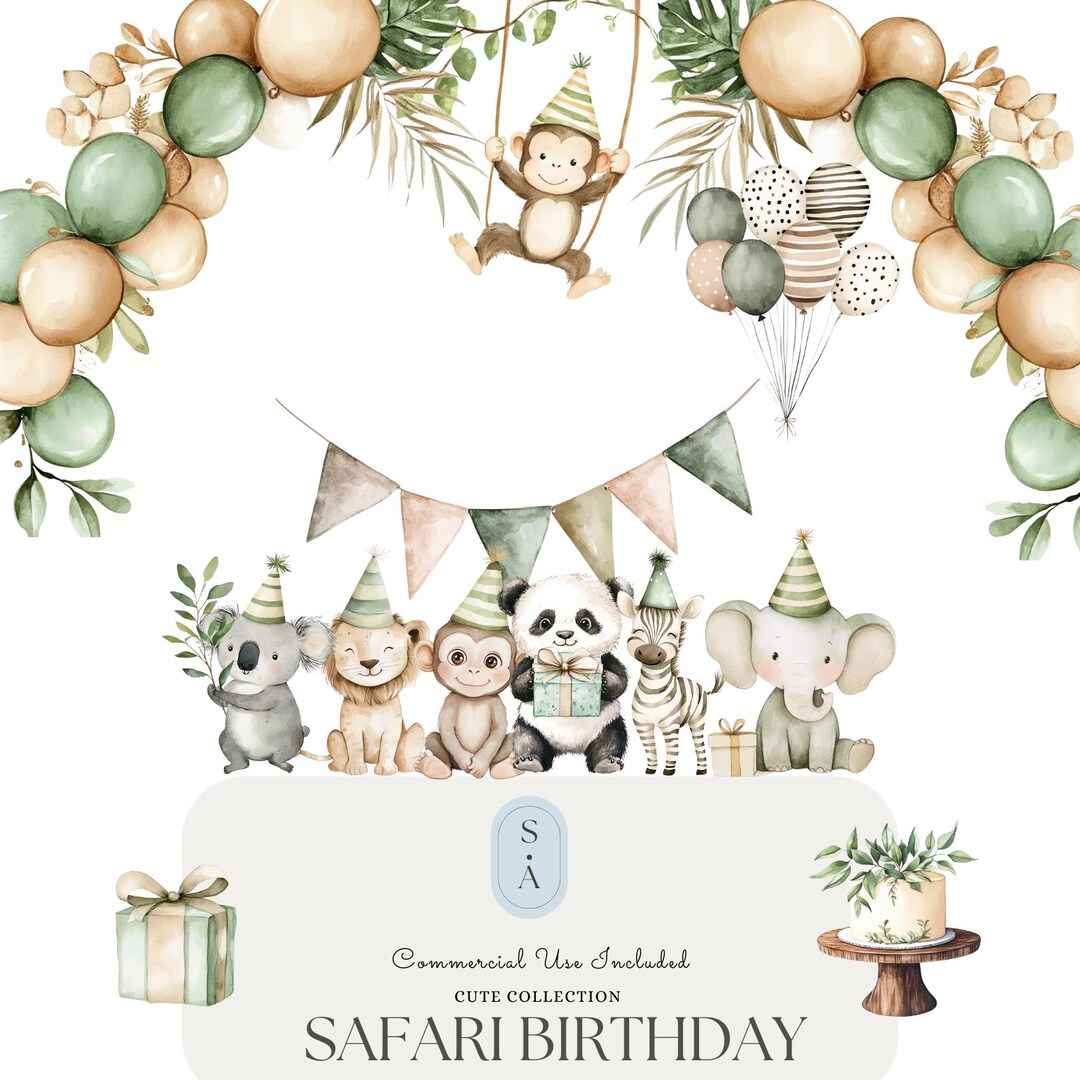 Safari Birthday Watercolor Clipart Set - Cute Jungle Animals, Balloons ...