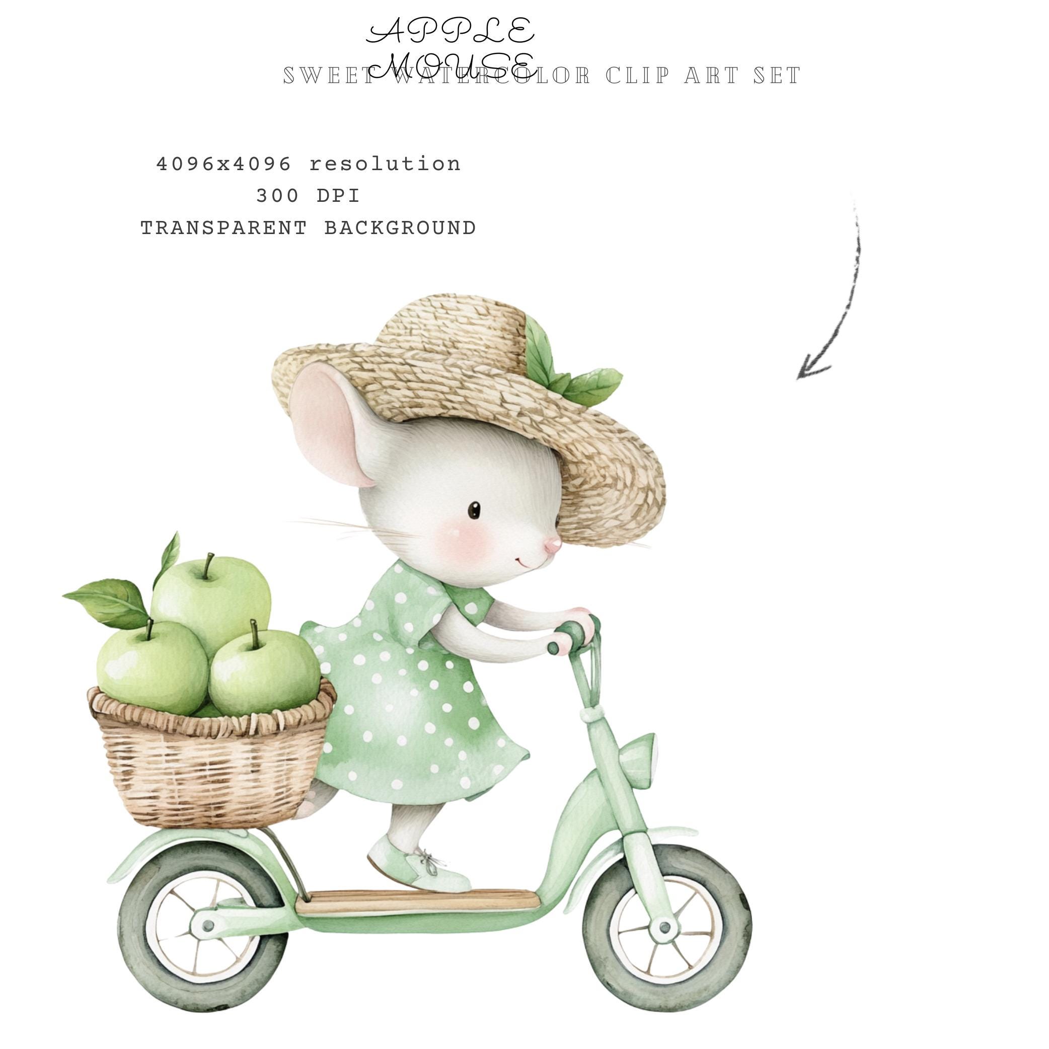 Apple Mouse Watercolor Clipart Set Cute Green Mouse PNG Bundle With ...
