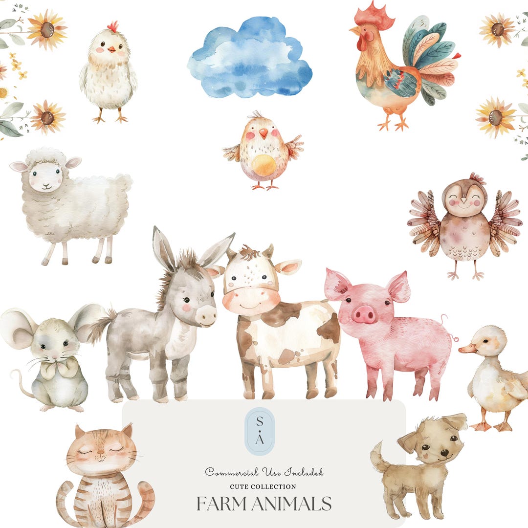 Watercolor Farm Animals Clipart Bundle, Cute Farm Animal Illustrations ...