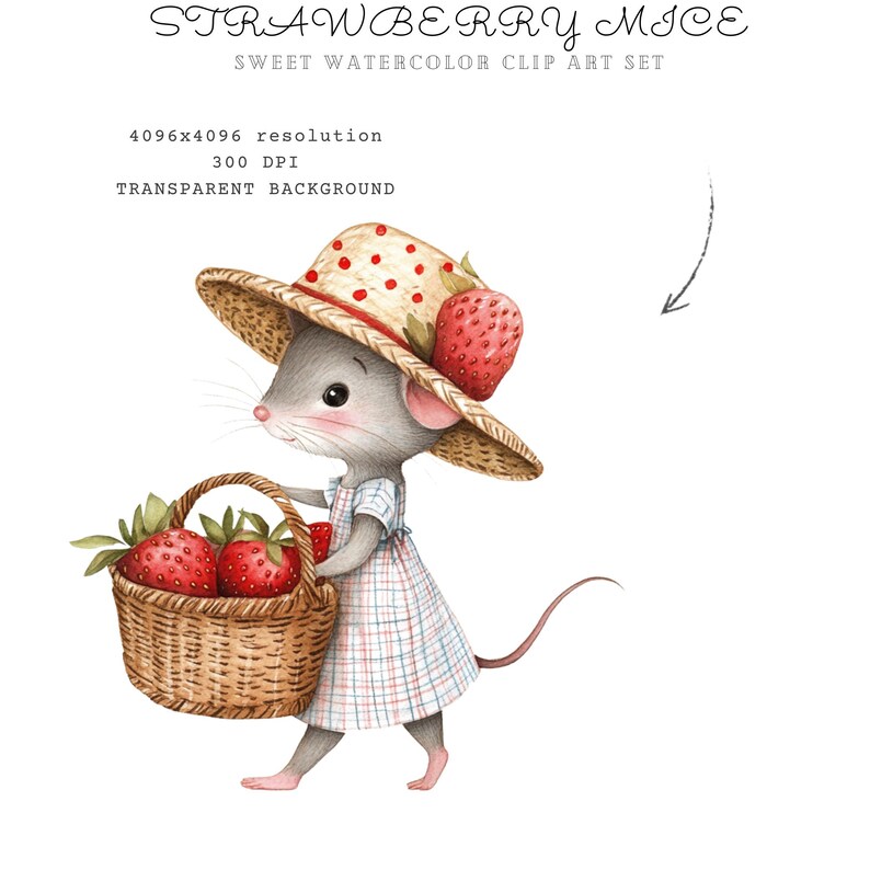Strawberry Mice Clipart Set – Watercolor Cute Mouse PNG Bundle, Summer ...