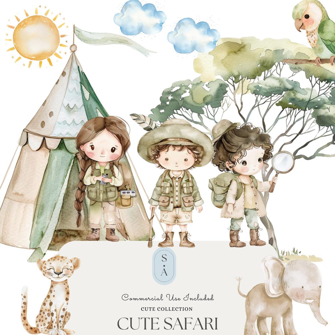 Cute Safari Watercolor Clipart | Jungle Explorer PNG, Adventure Kids ...