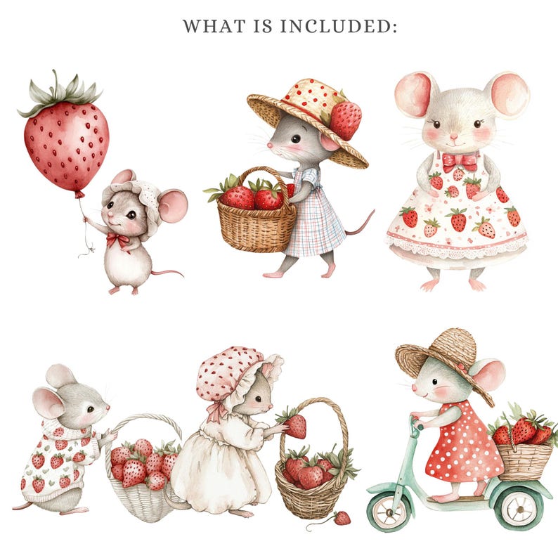 Strawberry Mice Clipart Set – Watercolor Cute Mouse PNG Bundle, Summer ...