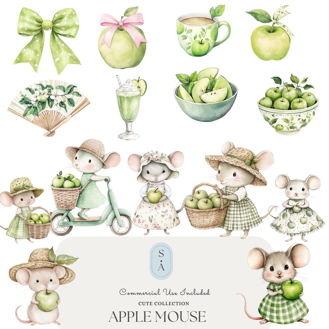 Apple Mouse Watercolor Clipart Set Cute Green Mouse PNG Bundle With ...