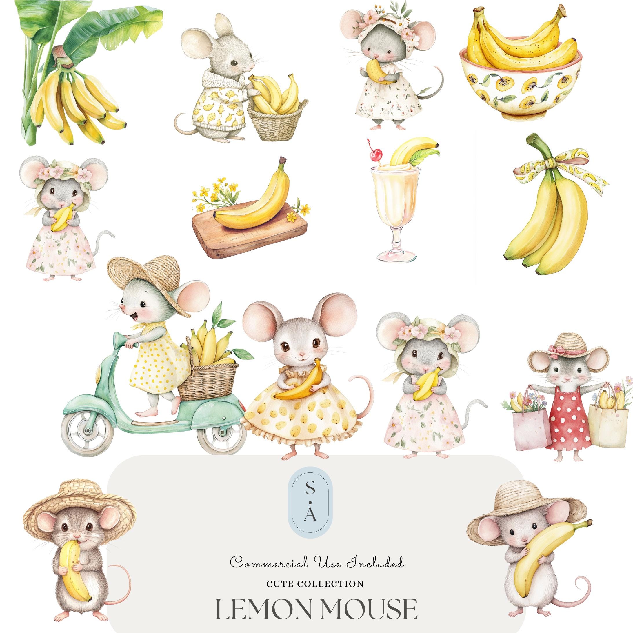 Lemon Mouse Watercolor Clipart Bundle With Bananas Cute Summer Mice ...