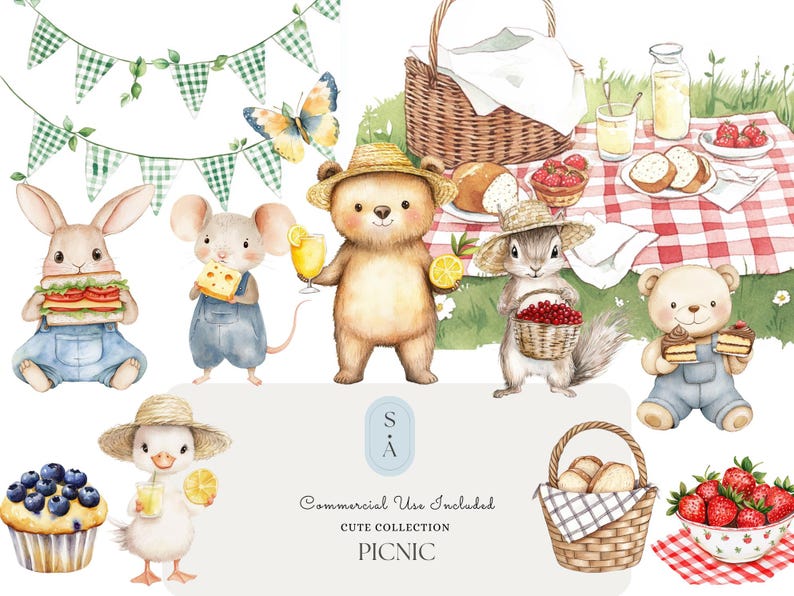 Watercolor Picnic Animals Clipart Set | Cute Bear, Bunny, Mouse and ...