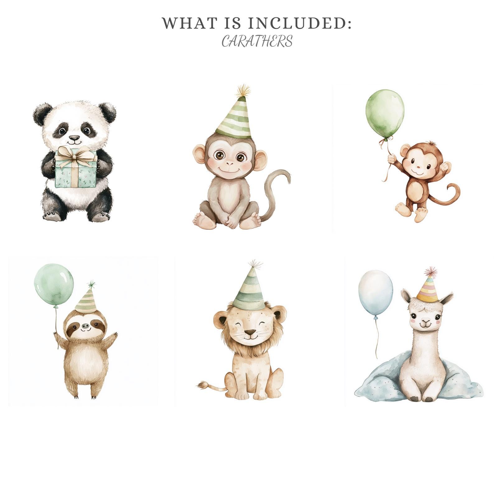 Safari Birthday Watercolor Clipart Set - Cute Jungle Animals, Balloons ...