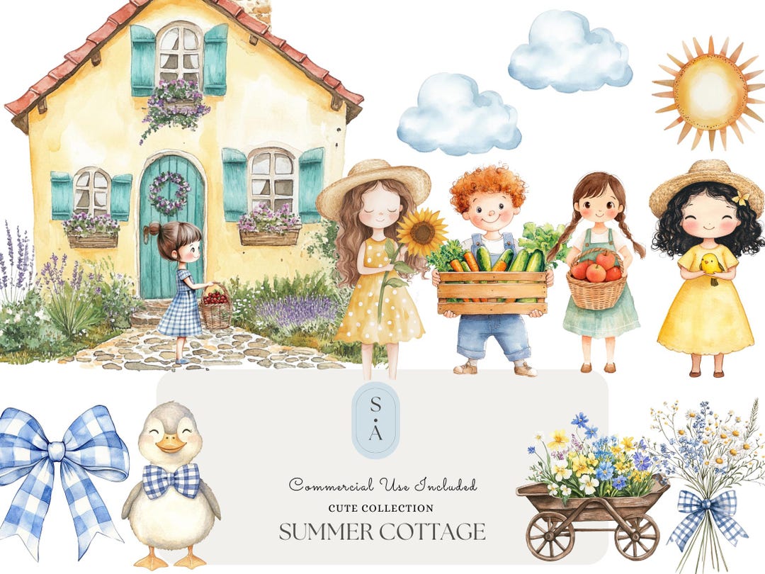 Summer Cottage Watercolor Clipart Bundle | Farmhouse Kids, Flowers ...