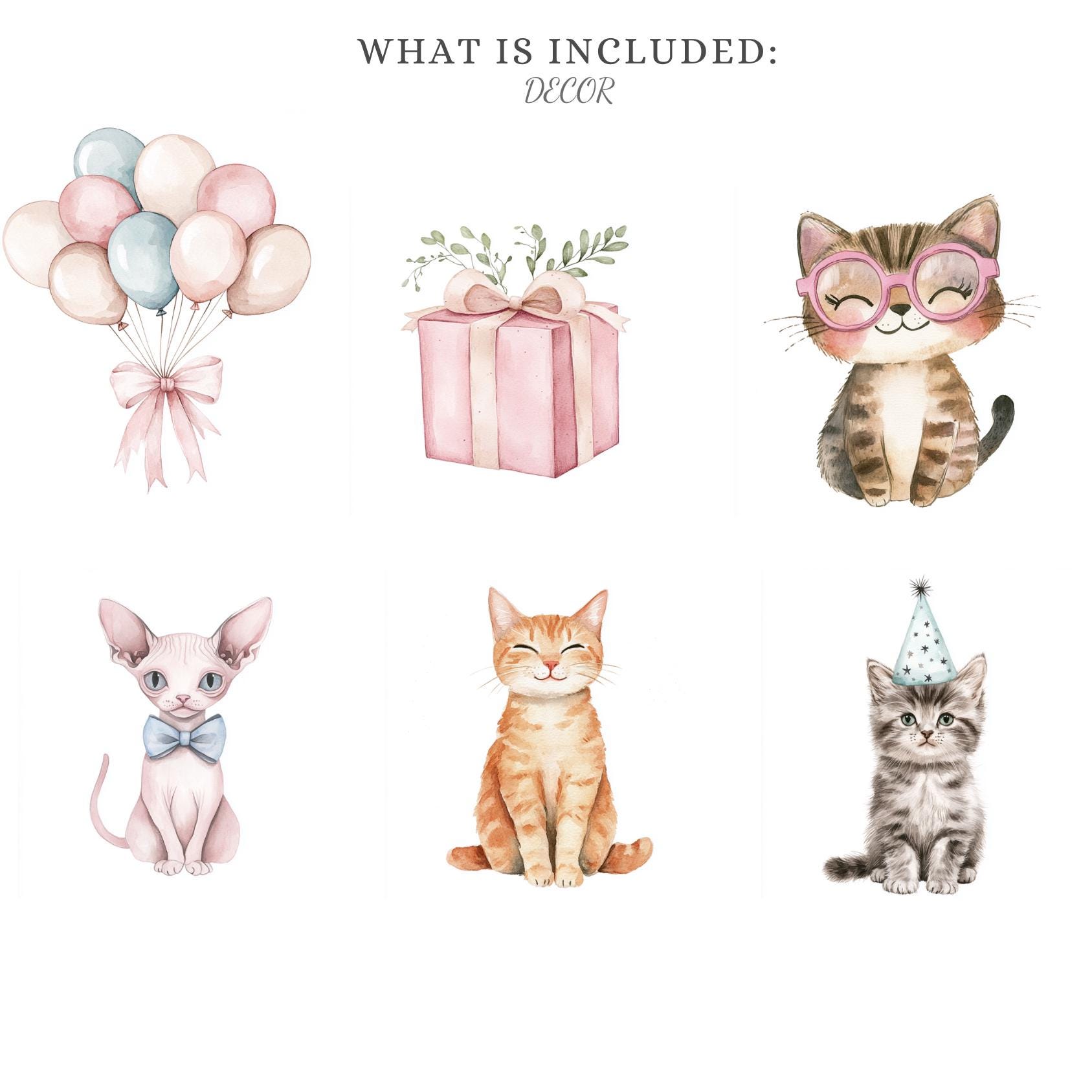 Cats Birthday Watercolor Clipart - Cute Kitten Party Decor, Cat Lover ...