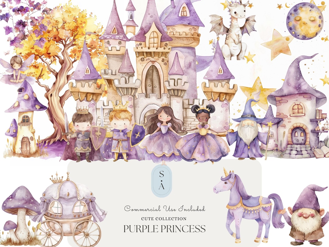 Purple Princess Watercolor Clipart Set | Fairy Tale Castle, Princesses ...