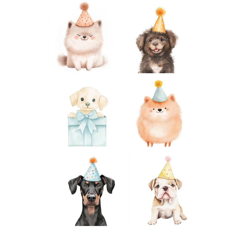 Watercolor Dog Birthday Clipart Bundle, Cute Puppy Party Illustrations ...