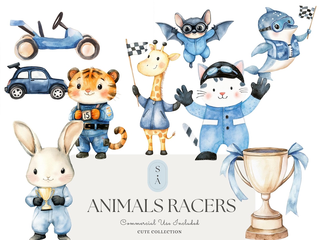 Animals Racers Watercolor Clip Art – Race Car Driving Animals, Helmets ...