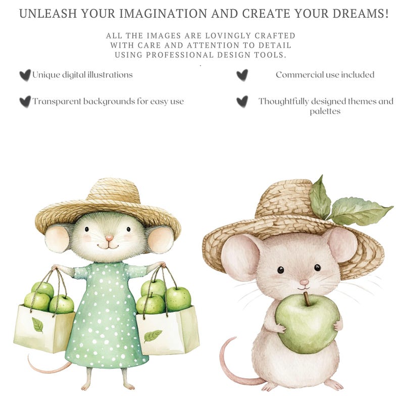 Apple Mouse Watercolor Clipart Set Cute Green Mouse PNG Bundle With ...