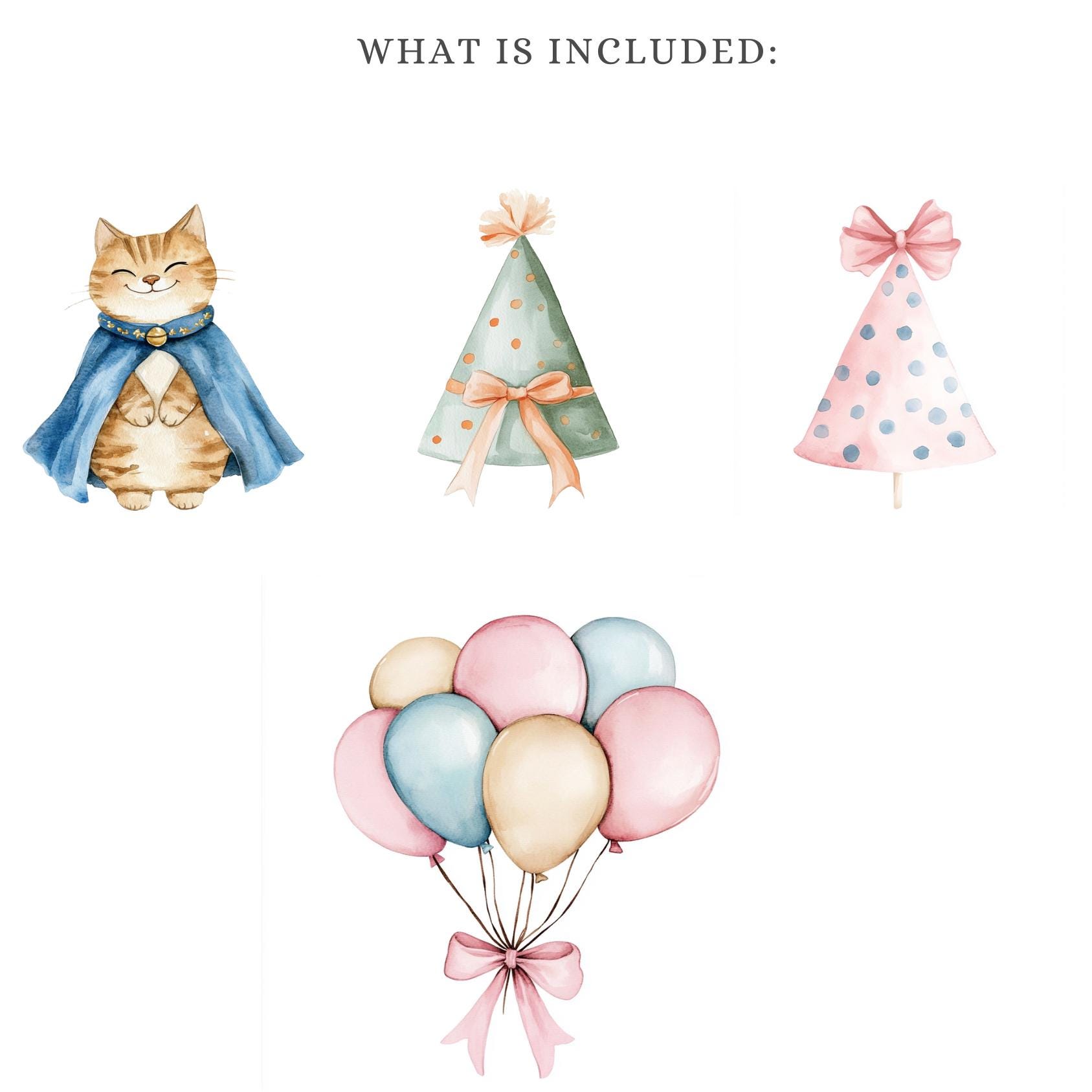Cats Birthday Watercolor Clipart - Cute Kitten Party Decor, Cat Lover ...