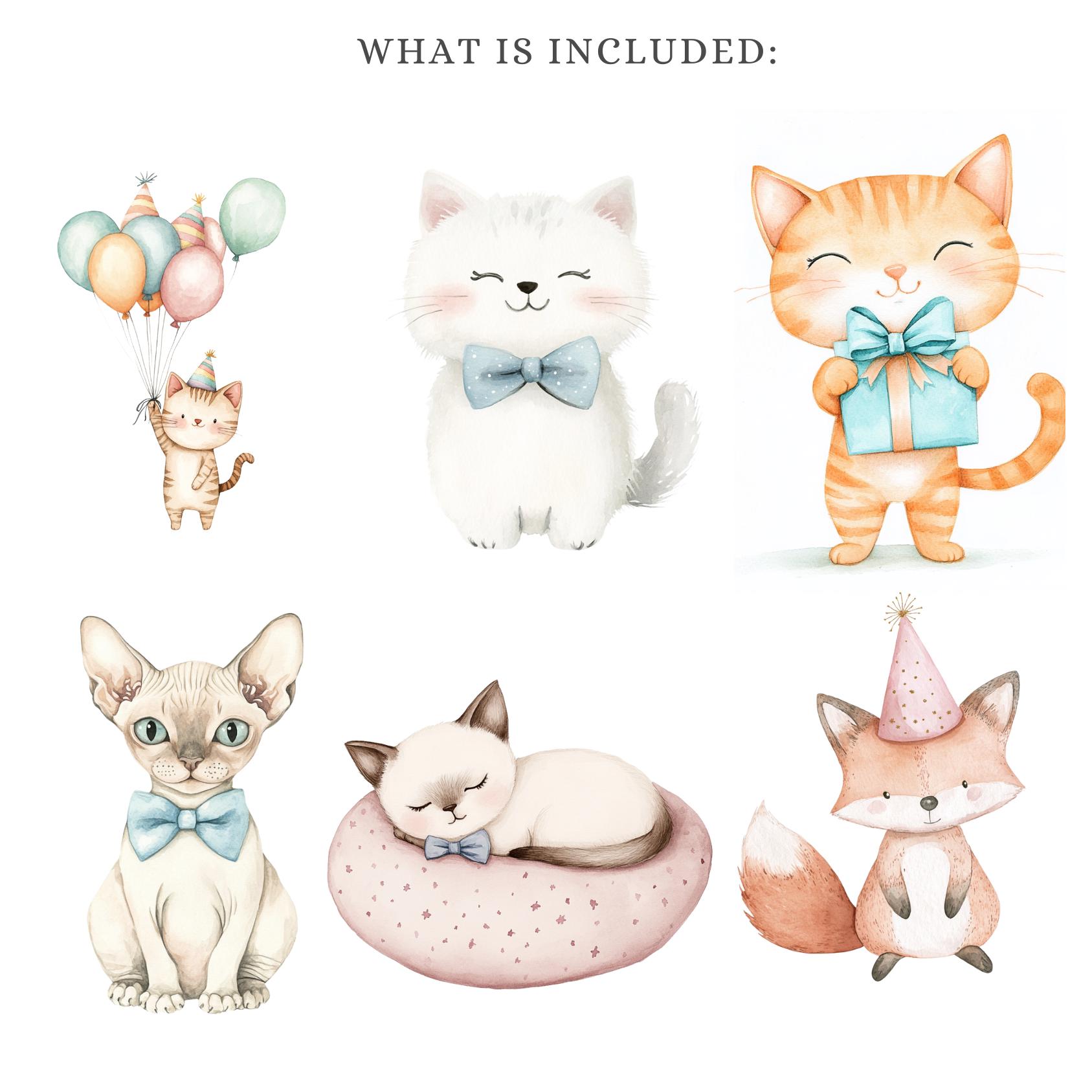 Cats Birthday Watercolor Clipart - Cute Kitten Party Decor, Cat Lover ...