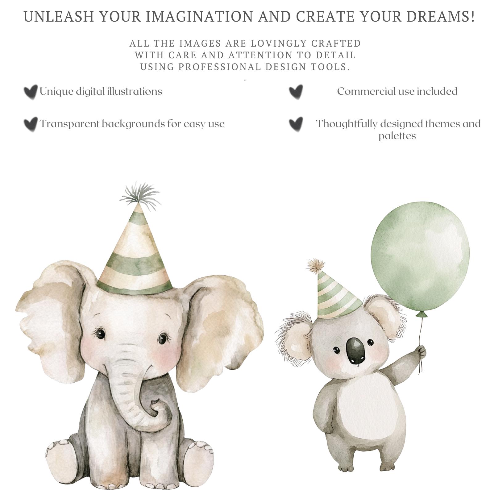 Safari Birthday Watercolor Clipart Set - Cute Jungle Animals, Balloons ...