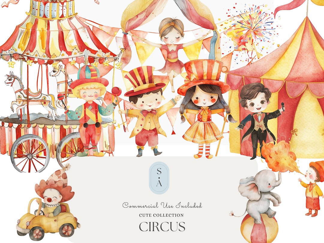 Watercolor Circus Clipart Bundle | Cute Carnival Performer and Animal ...