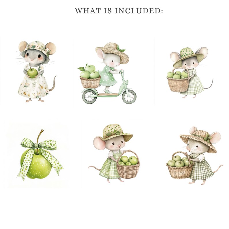 Apple Mouse Watercolor Clipart Set Cute Green Mouse PNG Bundle With ...