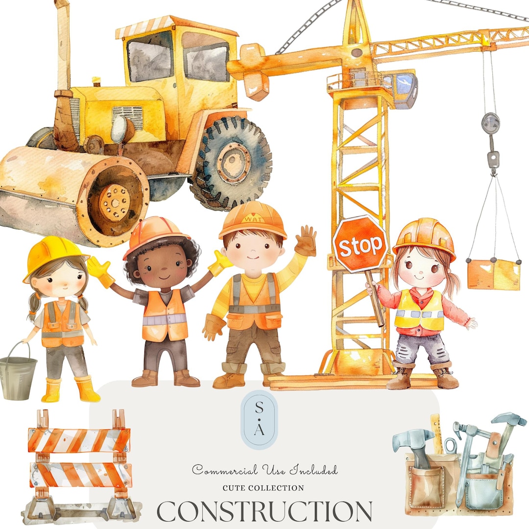 Construction Watercolor Clipart Bundle Cute Builders, Machinery ...