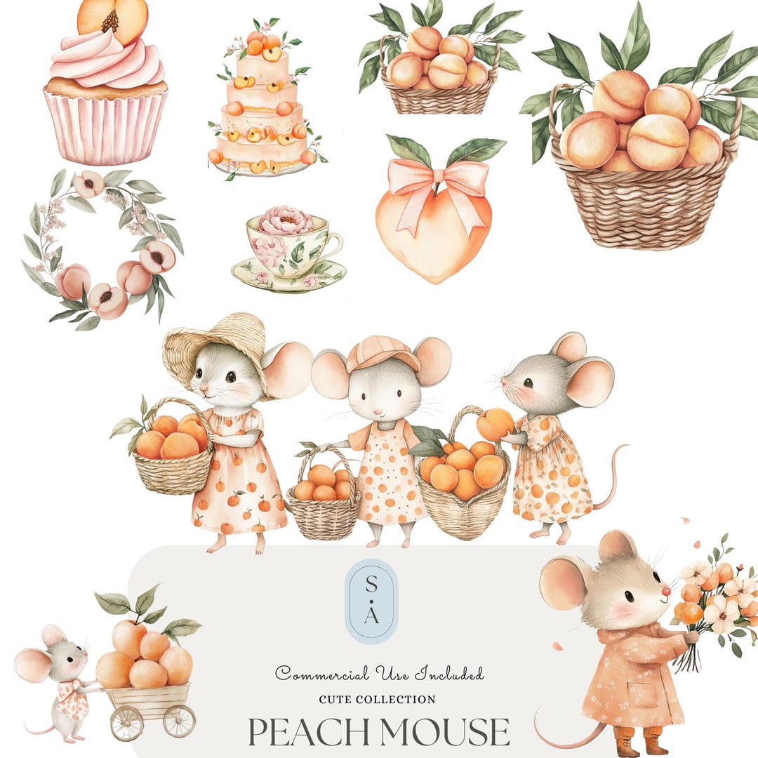 Peach Mouse Watercolor Clipart Bundle Cute Mouse PNG Set With Peaches ...