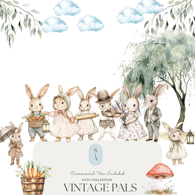 Vintage Bunny Clipart Collection - Watercolor Spring Rabbits ...